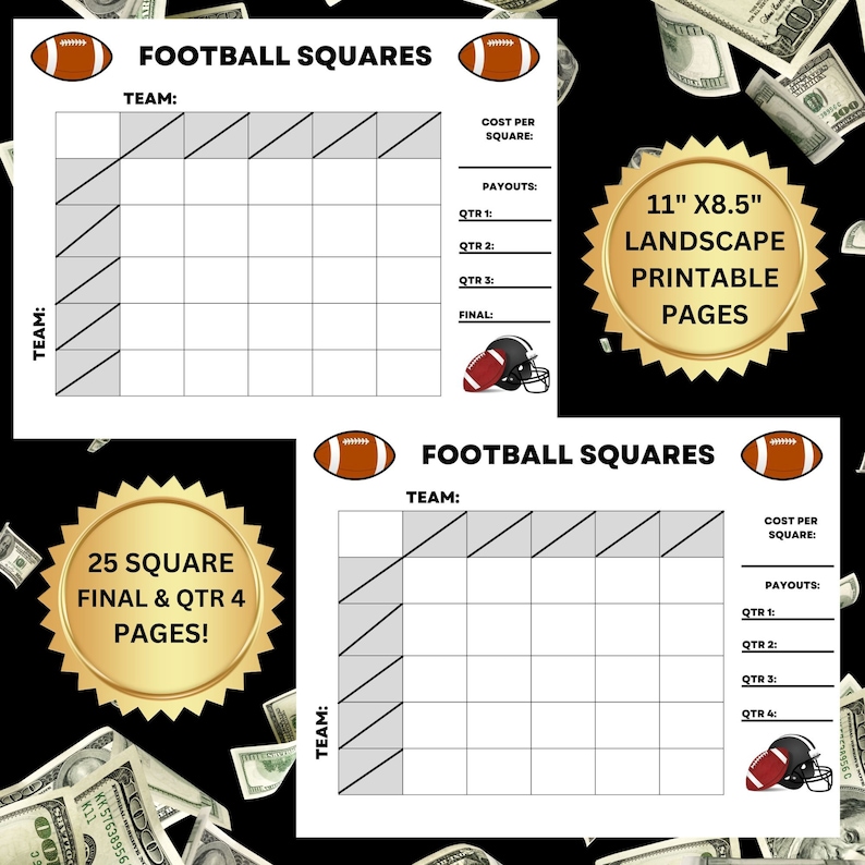 25 Square Big Game Football Squares Game Final and Quarter 4 Pages, 25 ...