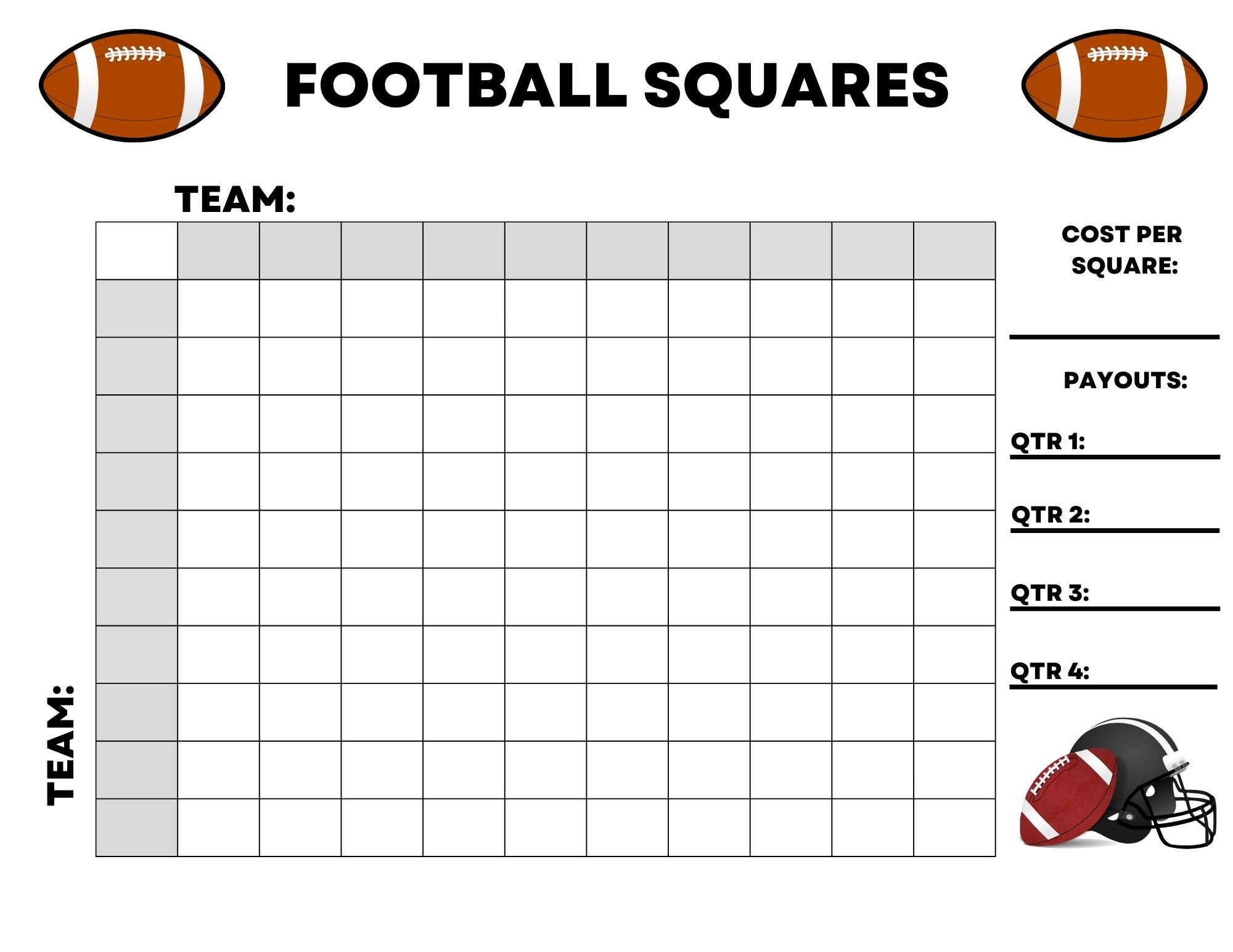 Football Squares Game Board: 100 Square Grid (digital Download) - Etsy