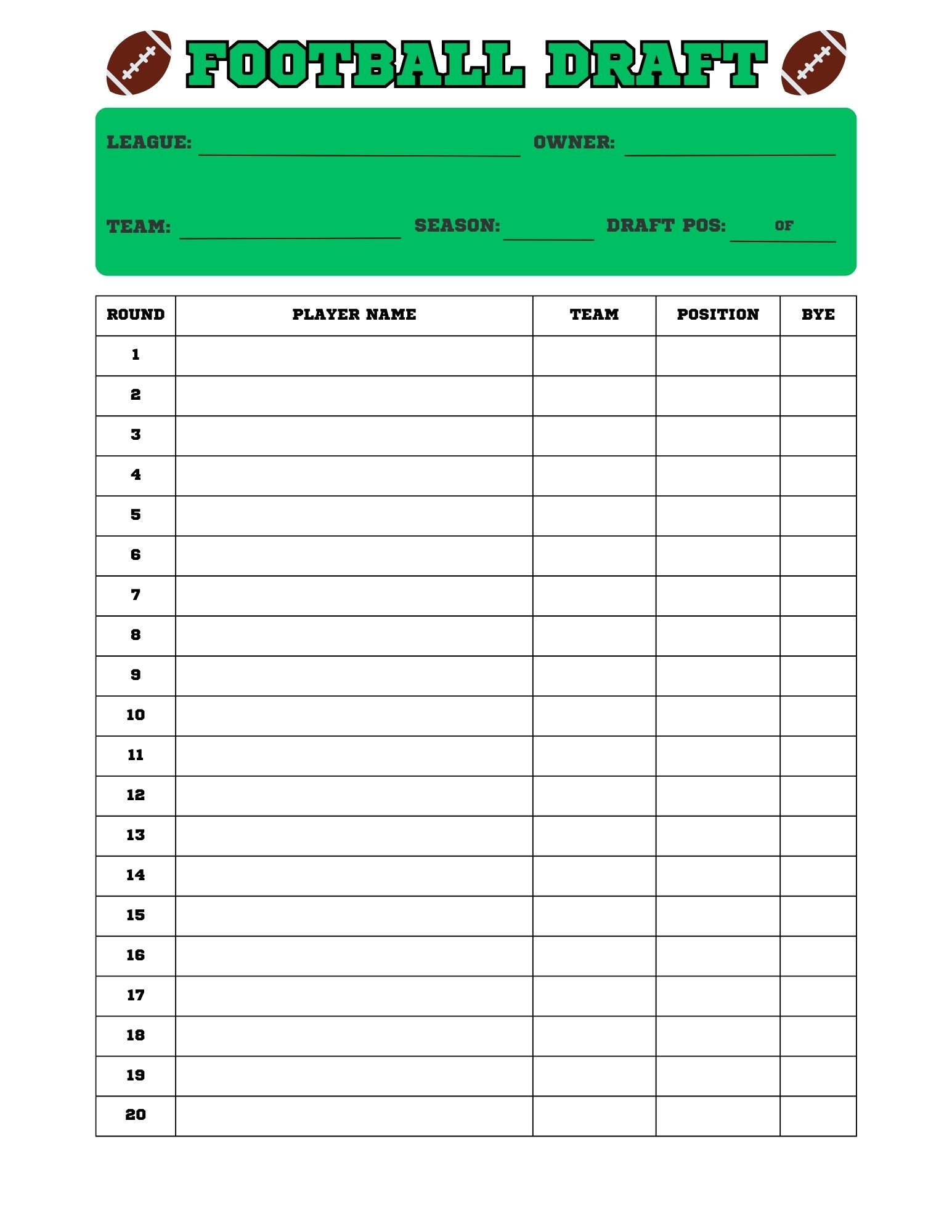 Football Draft Day Sheet, Fantasy Draft Printable, Drafting League ...