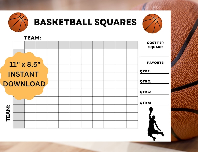 Basketball Squares Game: 100 Square Board, Four Quarters (digital ...