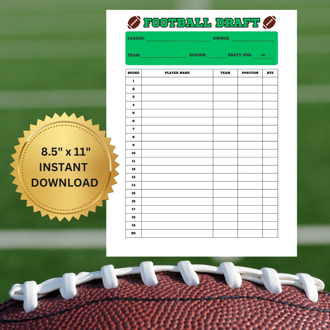 Football Draft Day Sheet: Fantasy League Printable (digital Download ...