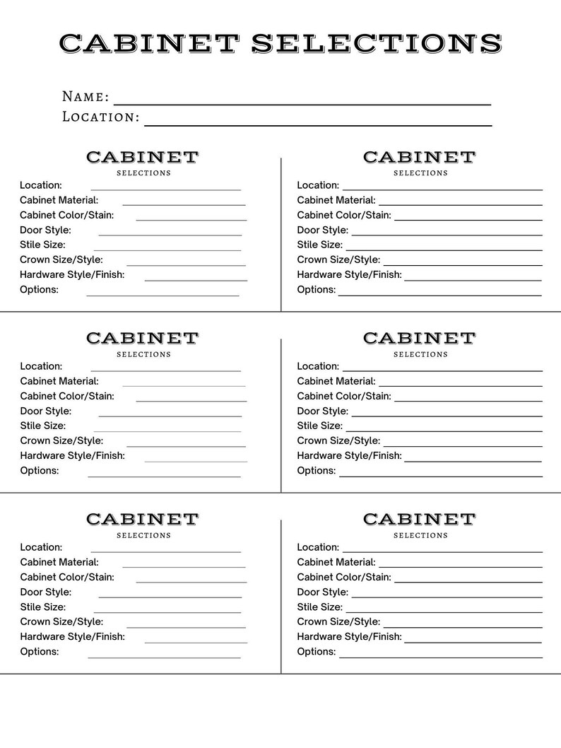 Cabinet Design Selection Sheet: Home Building Template (digital ...