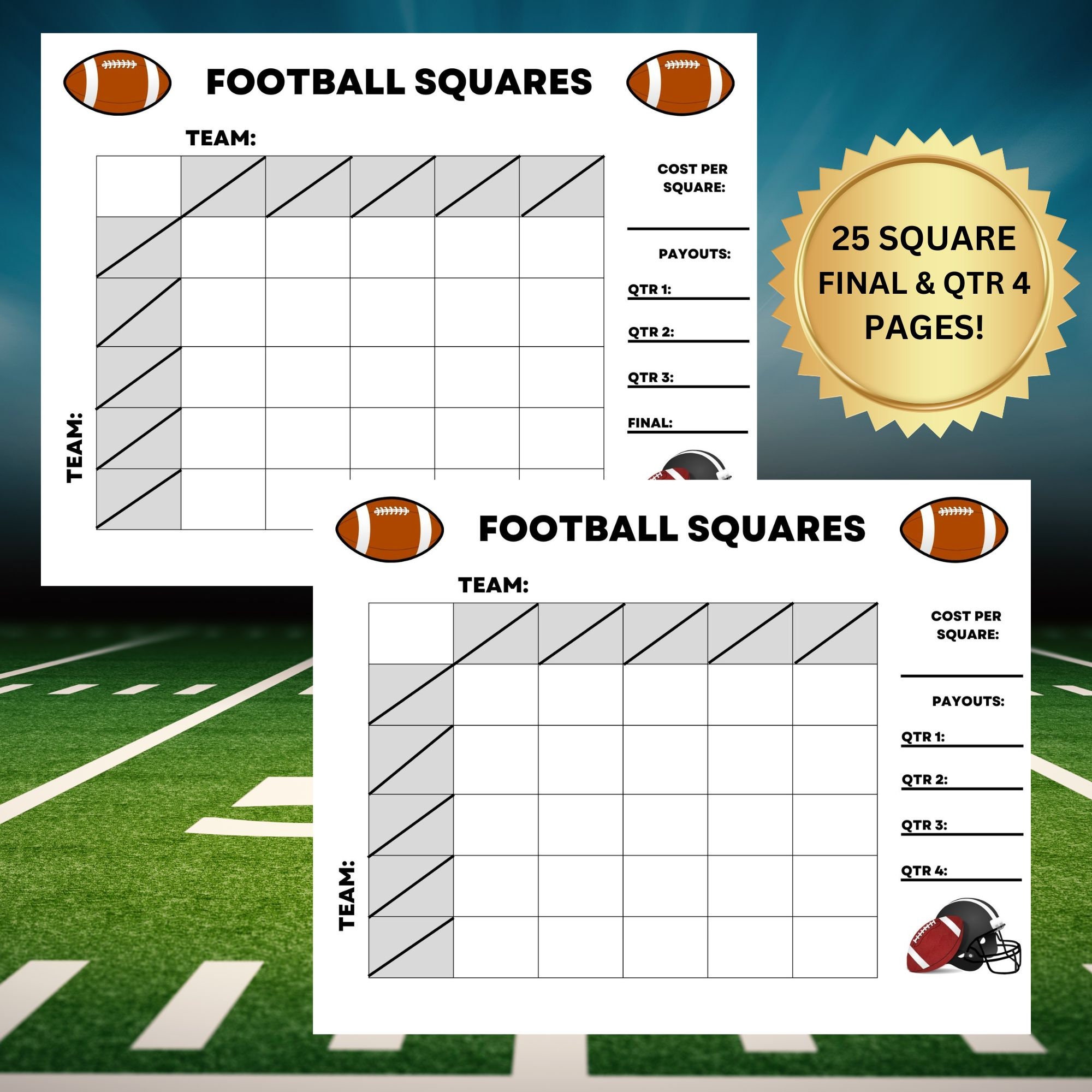 25 Square Big Game Football Squares Game Final and Quarter 4 Pages, 25 ...