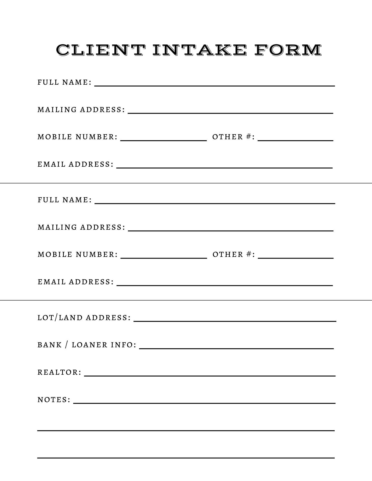 Building Construction Client Intake Form, New Home Construction Contact ... Building Construction Client Intake Form, New Home Construction Contact ...