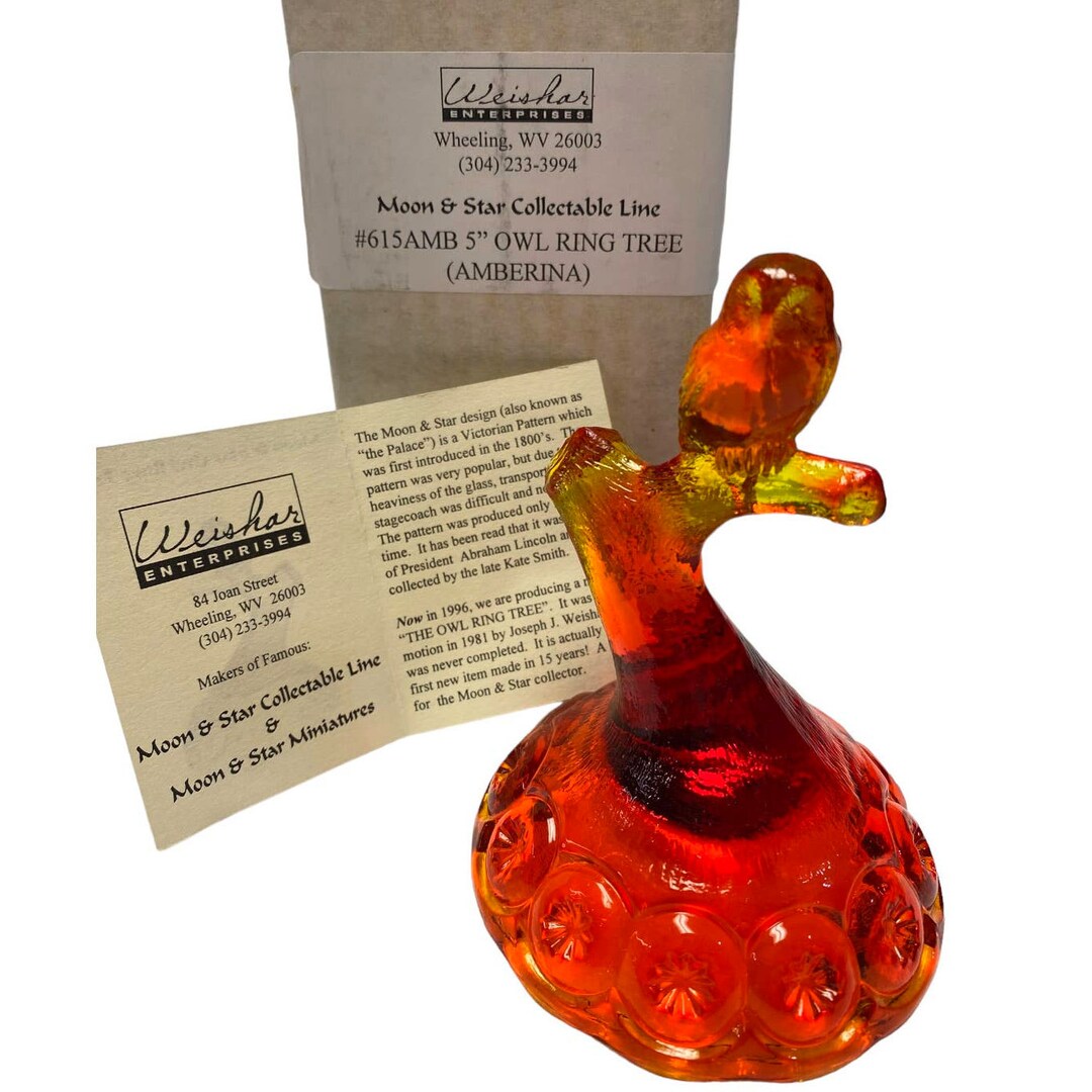 Weishar Moon & Stars Amberina Glass Owl Ring Tree Jewelry Holder COA ...