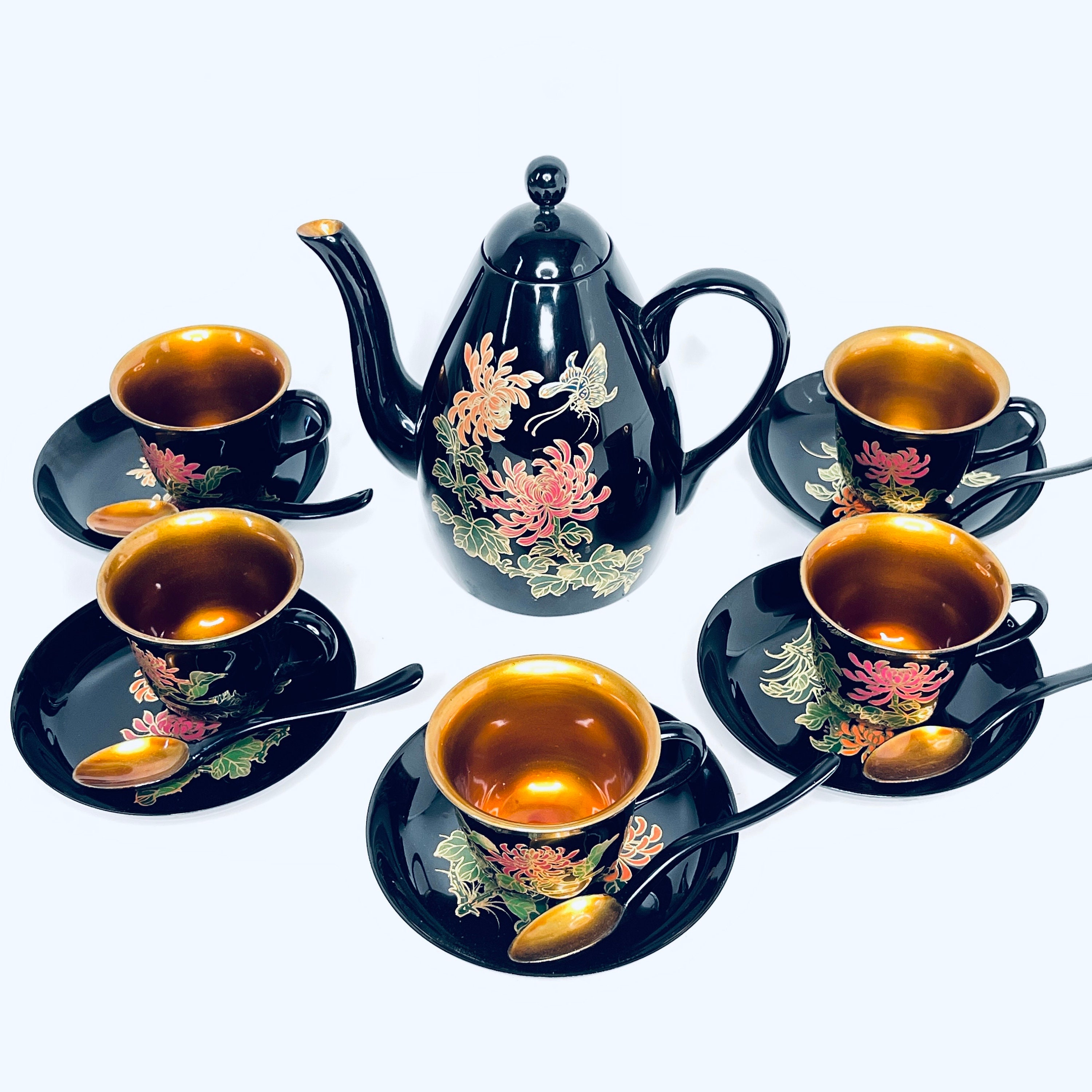 Vintage Asian Lacquer Tea Set Black Lacquerware Gold Decorated Hand ...