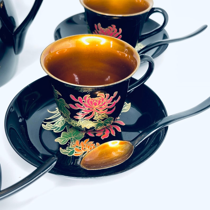 Vintage Asian Lacquer Tea Set Black Lacquerware Gold Decorated Hand ...