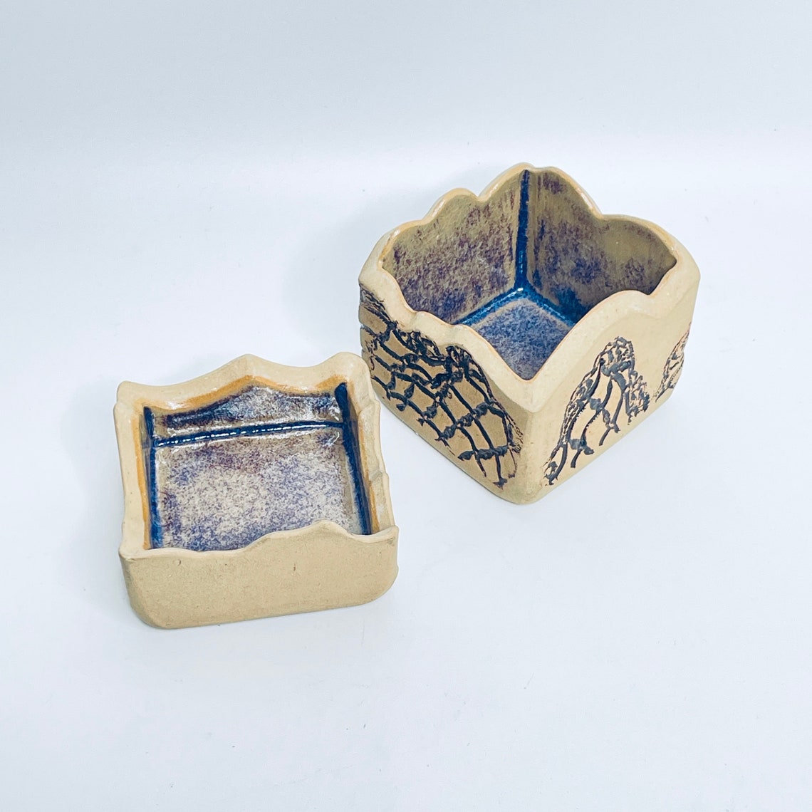 Unique Stoneware Trinket Box Cube Container Odd Shaped Lid Brown 9x8x8 ...