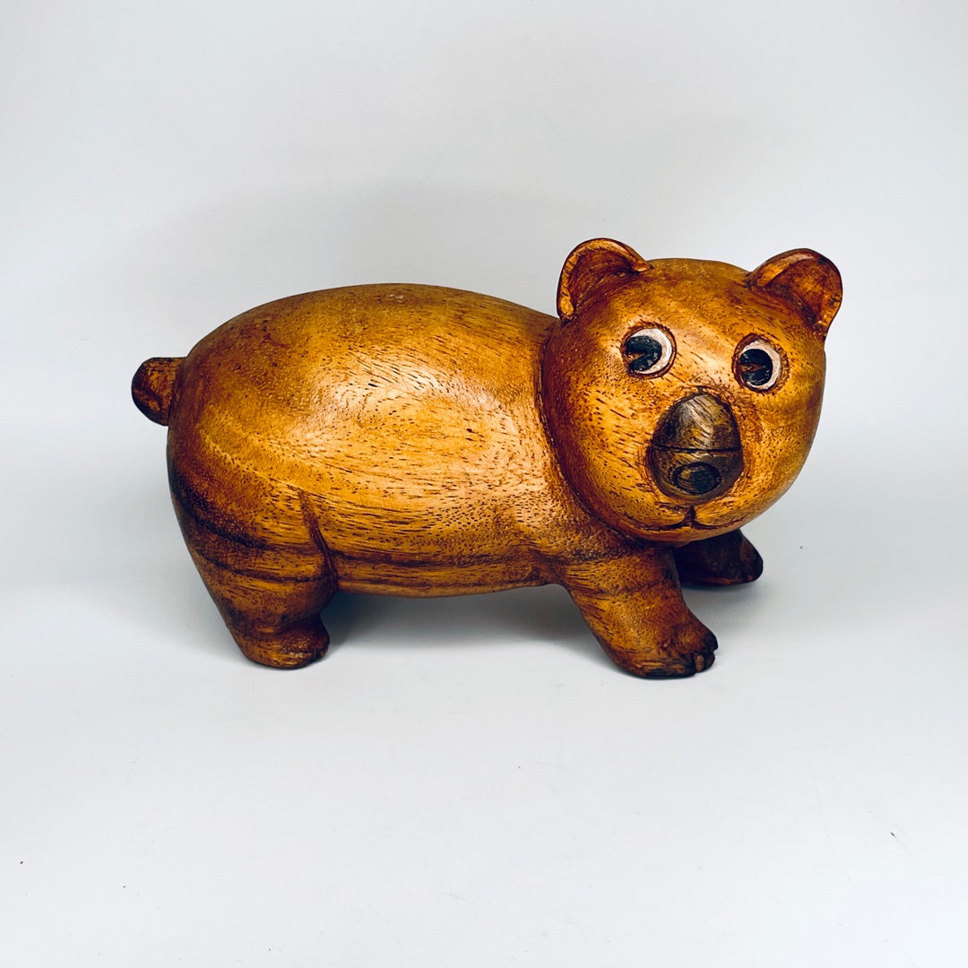 Hand Carved Solid Wood Baby Bear Vintage Wooden Bear Sculpture Figurine ...