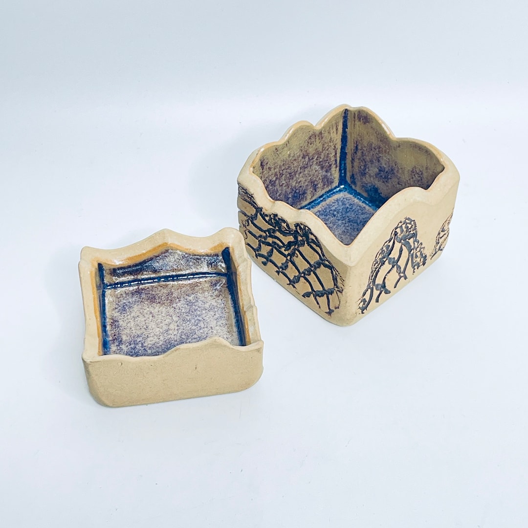 Unique Stoneware Trinket Box Cube Container Odd Shaped Lid Brown 9x8x8 ...