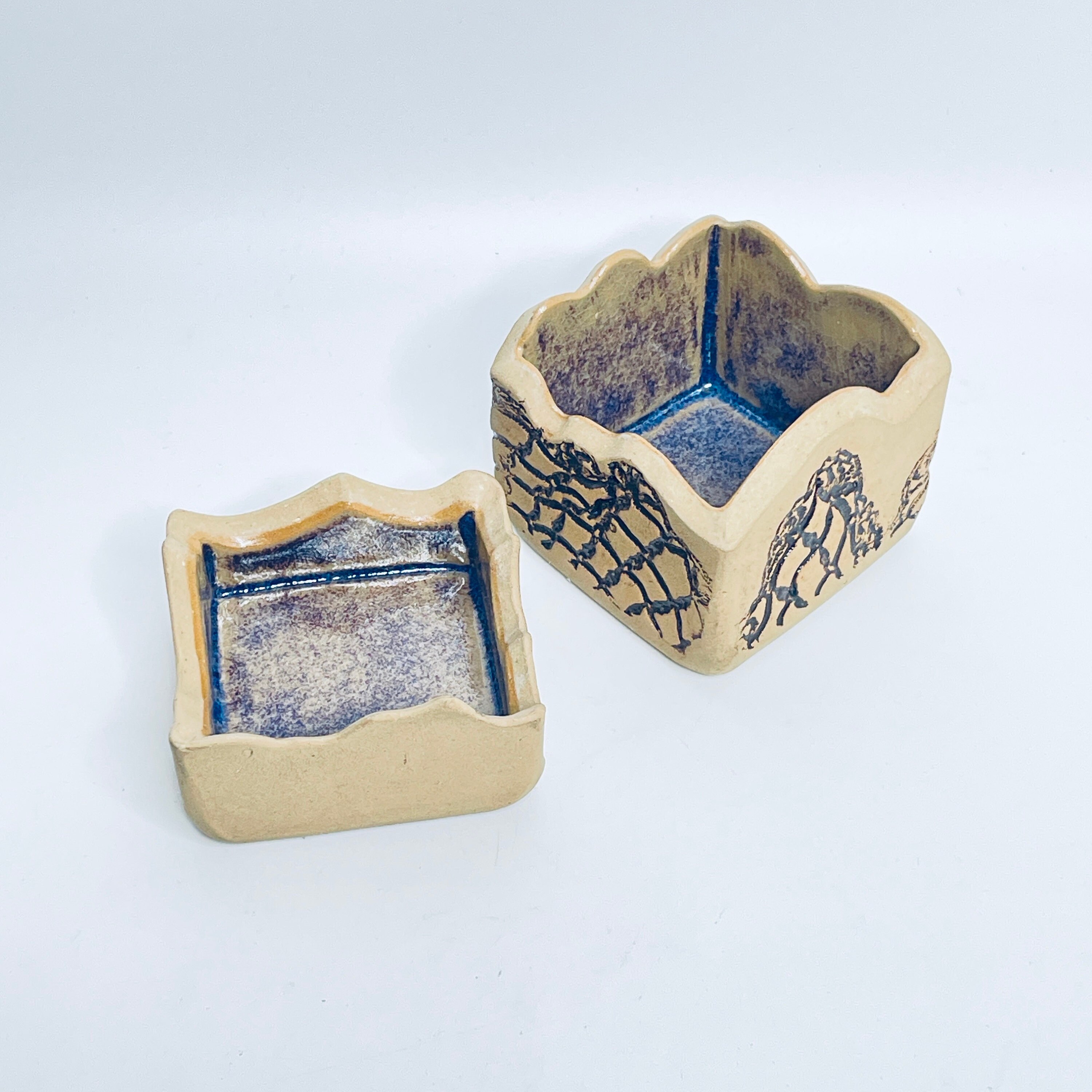 Unique Stoneware Trinket Box Cube Container Odd Shaped Lid Brown 9x8x8 ...