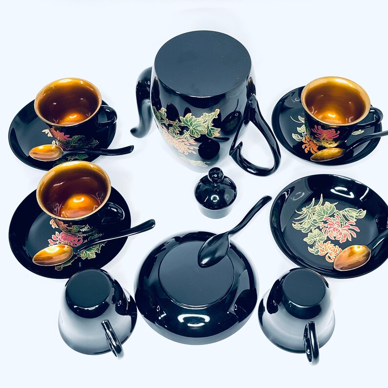 Vintage Asian Lacquer Tea Set Black Lacquerware Gold Decorated Hand ...