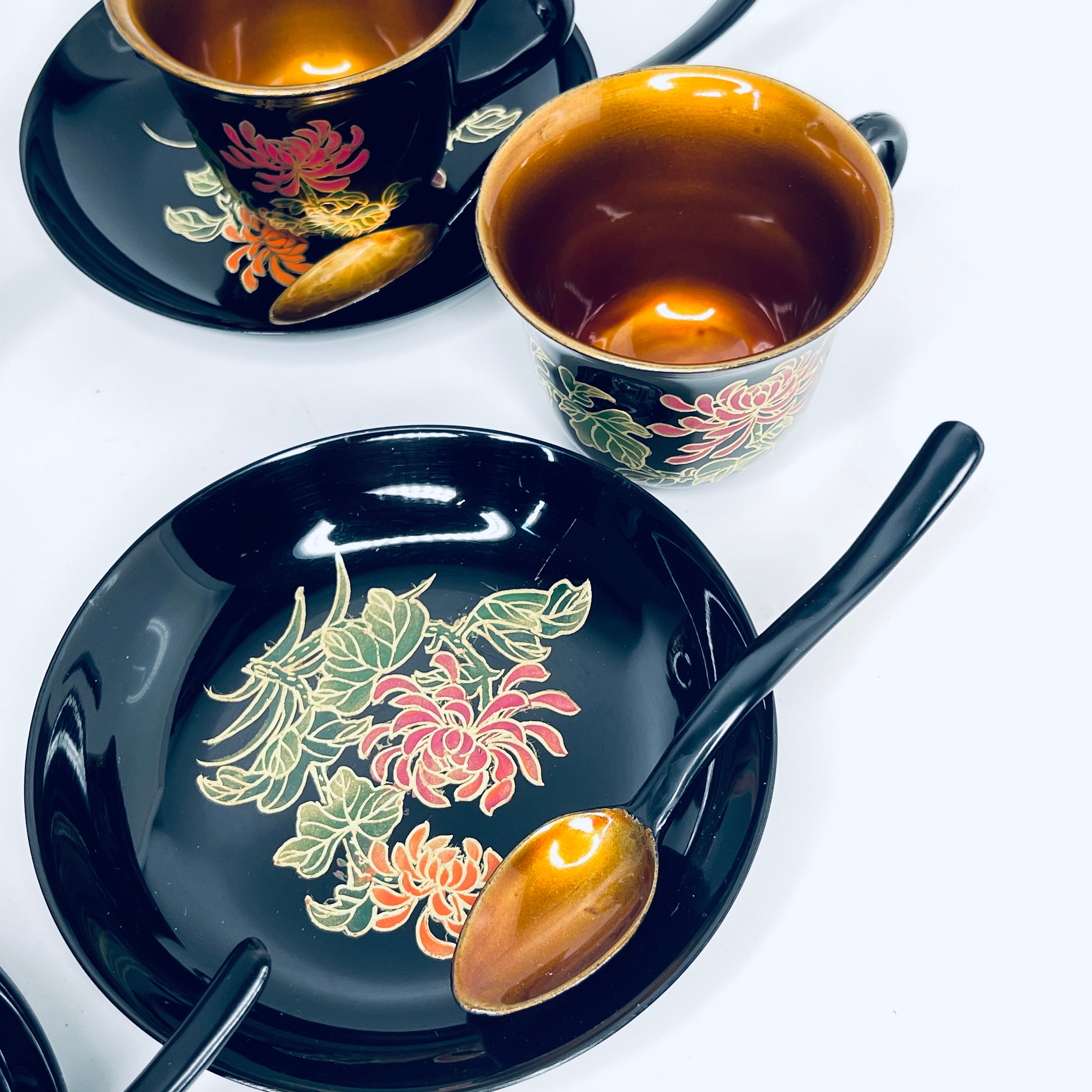 Vintage Asian Lacquer Tea Set Black Lacquerware Gold Decorated Hand ...