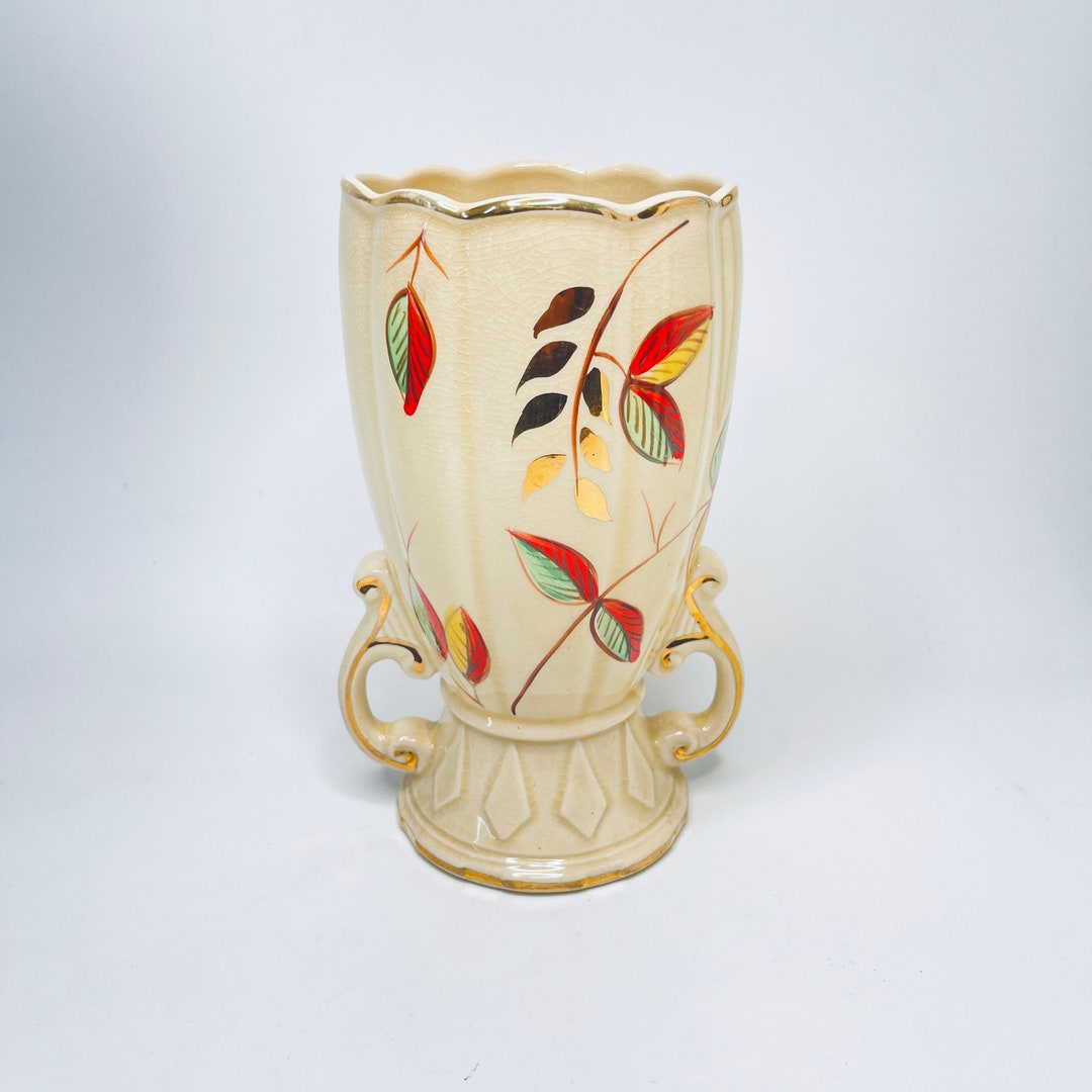 Vintage Arthur Wood Vase Gold Trim Red Green Yellow Cream Leaves Design ...