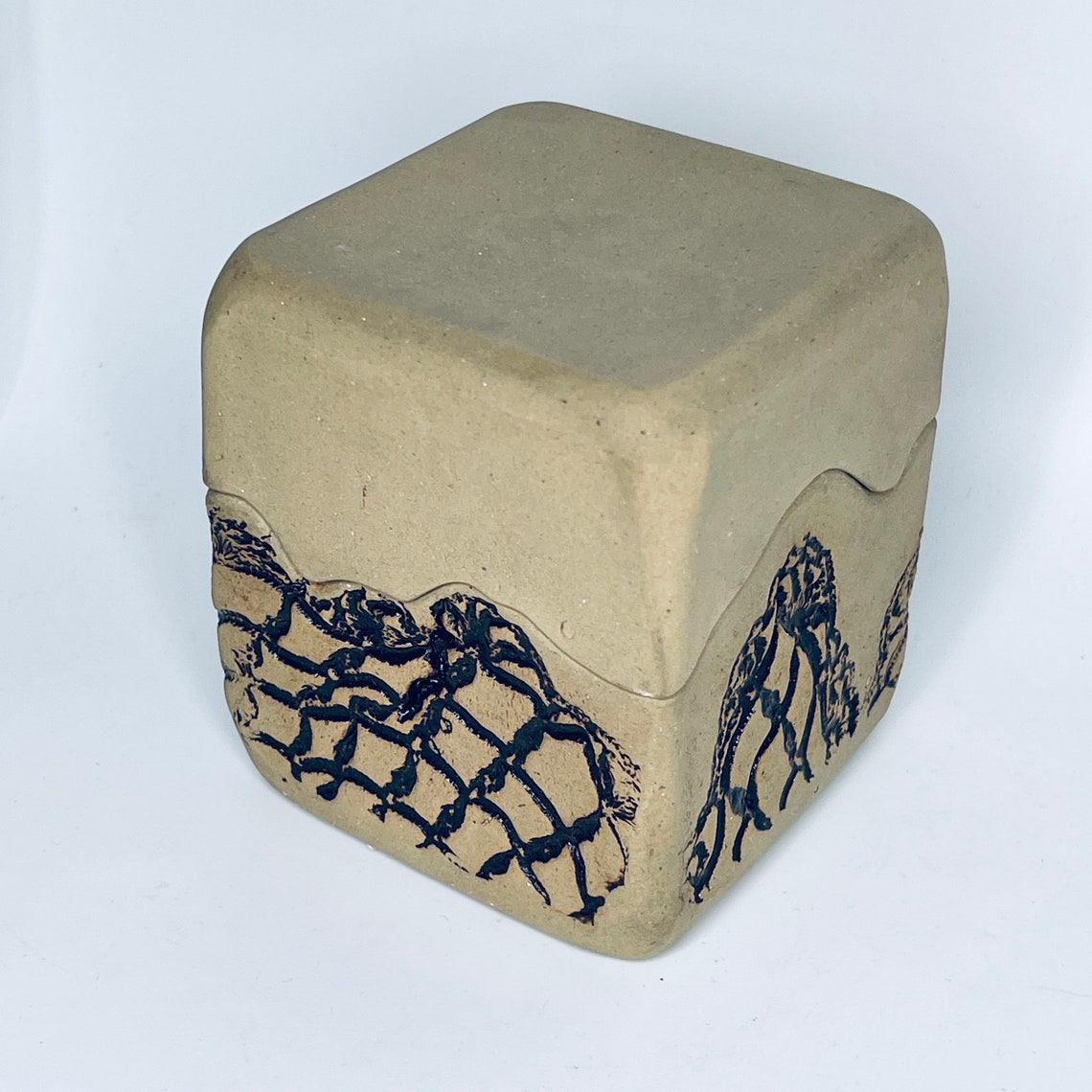 Unique Stoneware Trinket Box Cube Container Odd Shaped Lid Brown 9x8x8 ...