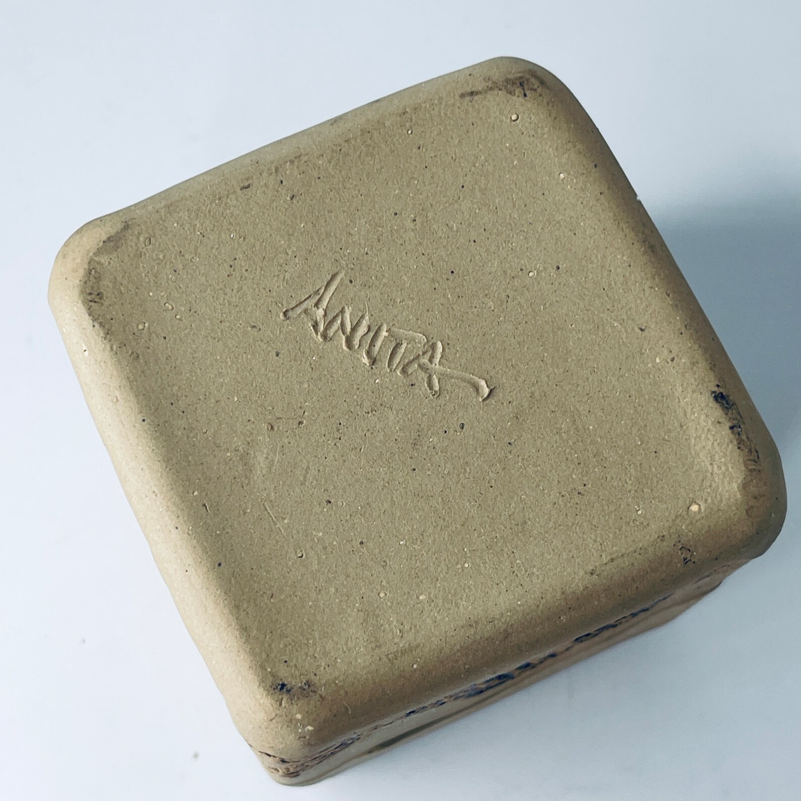 Unique Stoneware Trinket Box Cube Container Odd Shaped Lid Brown 9x8x8 ...