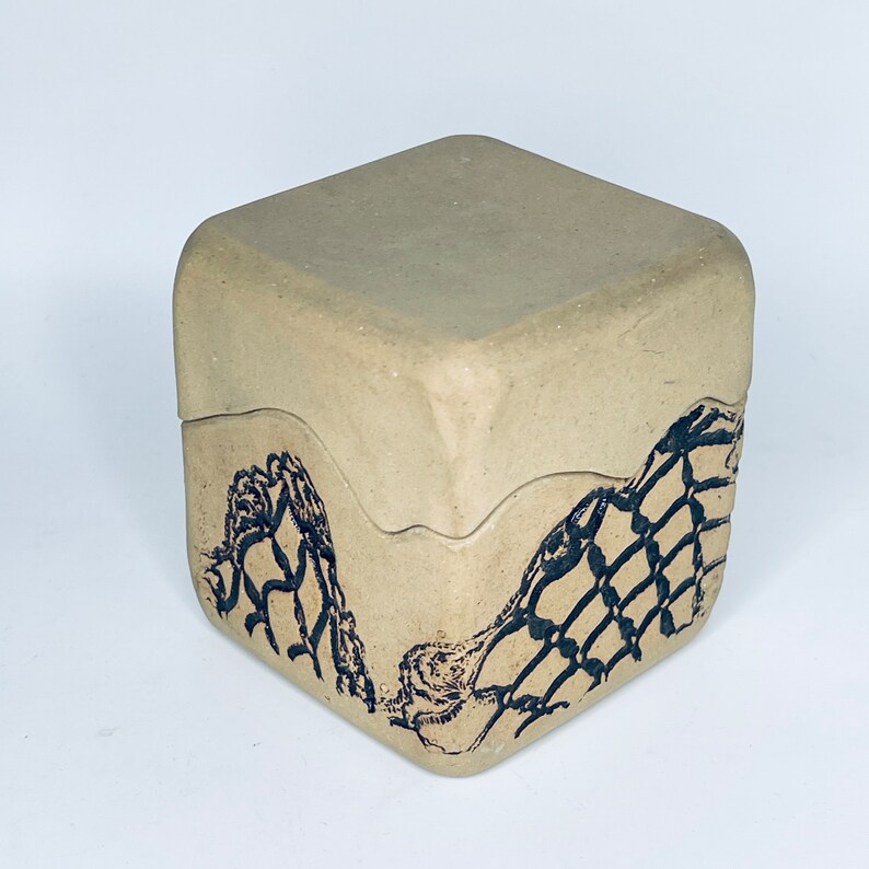 Unique Stoneware Trinket Box Cube Container Odd Shaped Lid Brown 9x8x8 ...