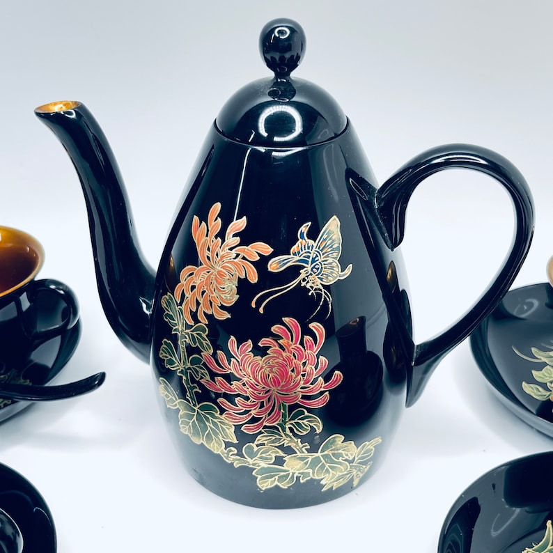Vintage Asian Lacquer Tea Set Black Lacquerware Gold Decorated Hand ...