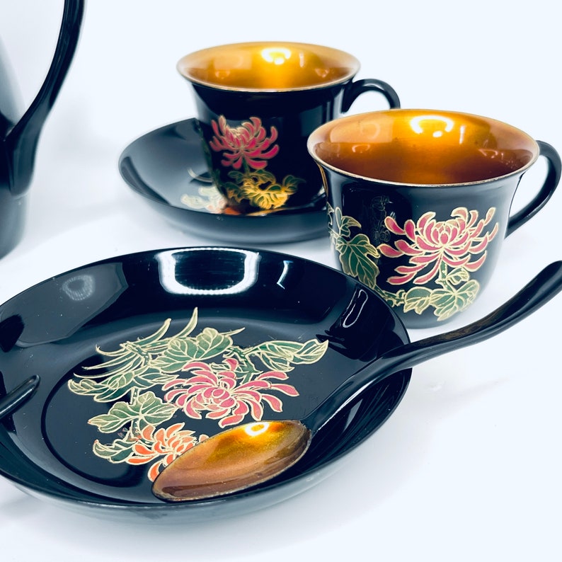 Vintage Asian Lacquer Tea Set Black Lacquerware Gold Decorated Hand ...