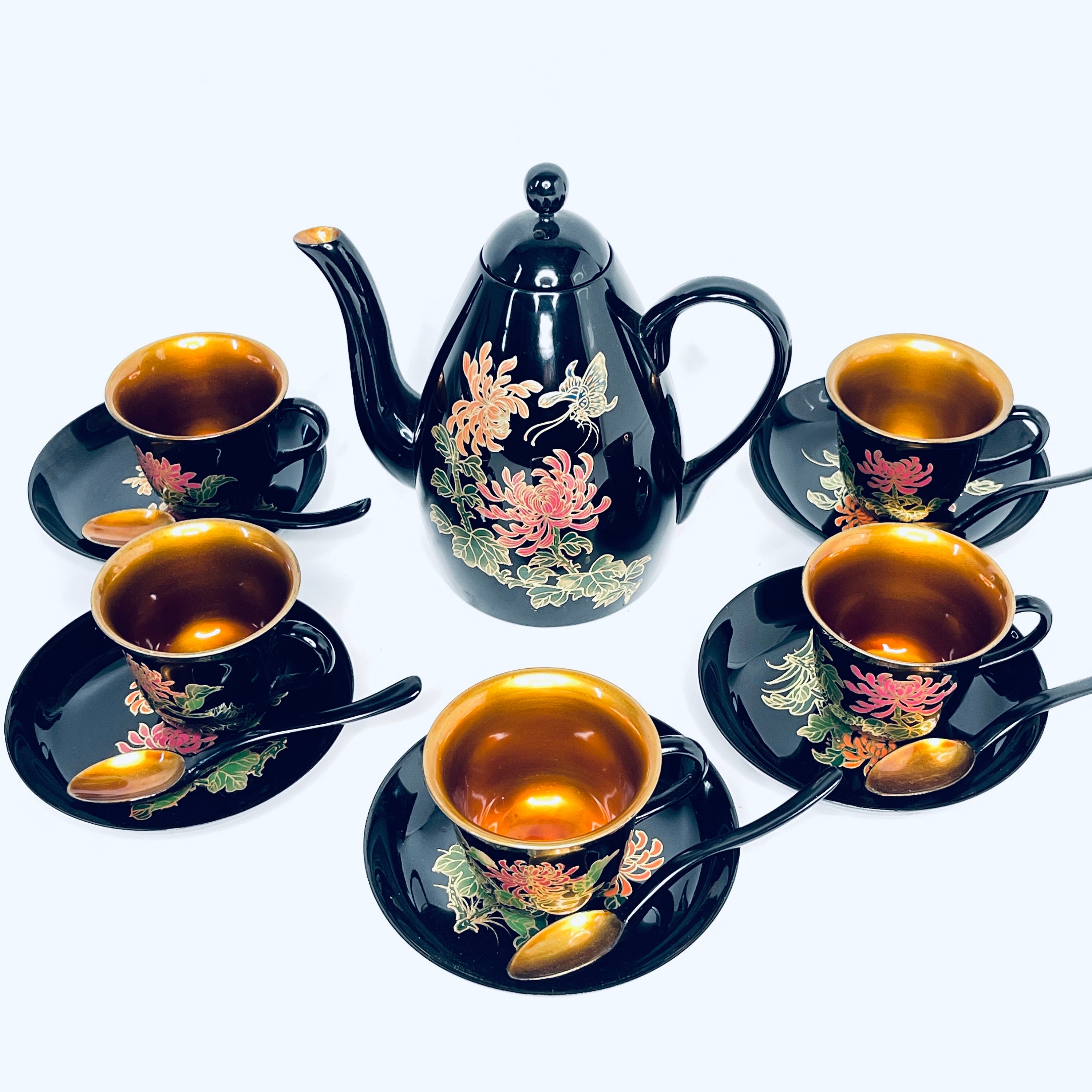 Vintage Asian Lacquer Tea Set Black Lacquerware Gold Decorated Hand ...