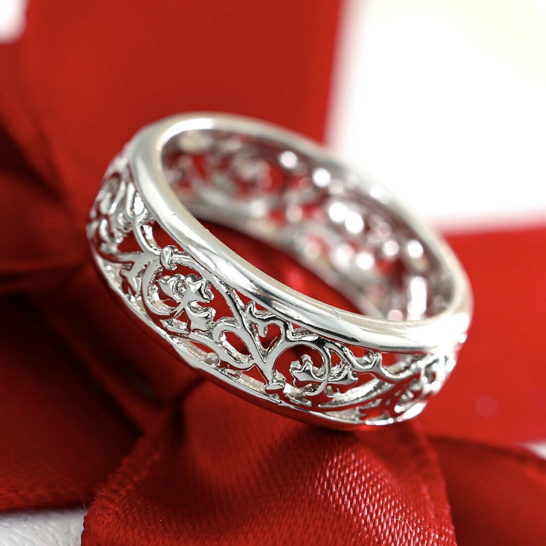 Filigree Wedding Engagement Band Ring Wide Band Solid - Etsy