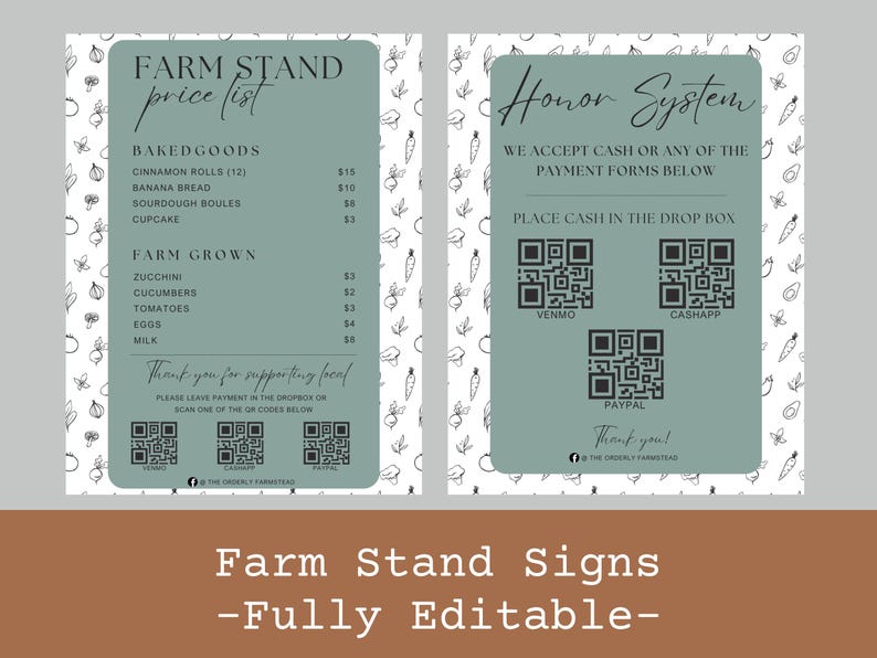Editable Farm Stand Sign Set: Honor System, Price List, QR Code ...