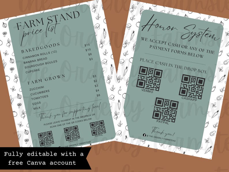 Editable Farm Stand Sign Set: Honor System, Price List, QR Code ...