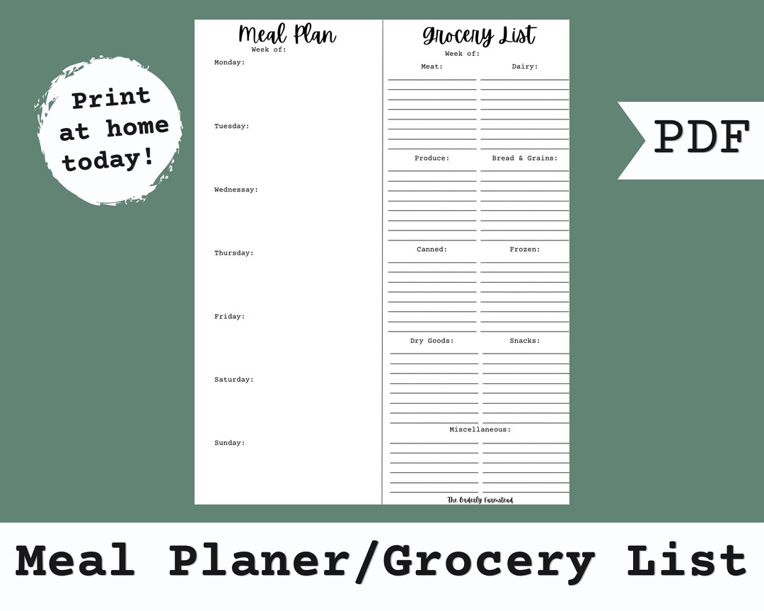Meal Planning & Grocery Shopping List- Printable File-meal Planning ...