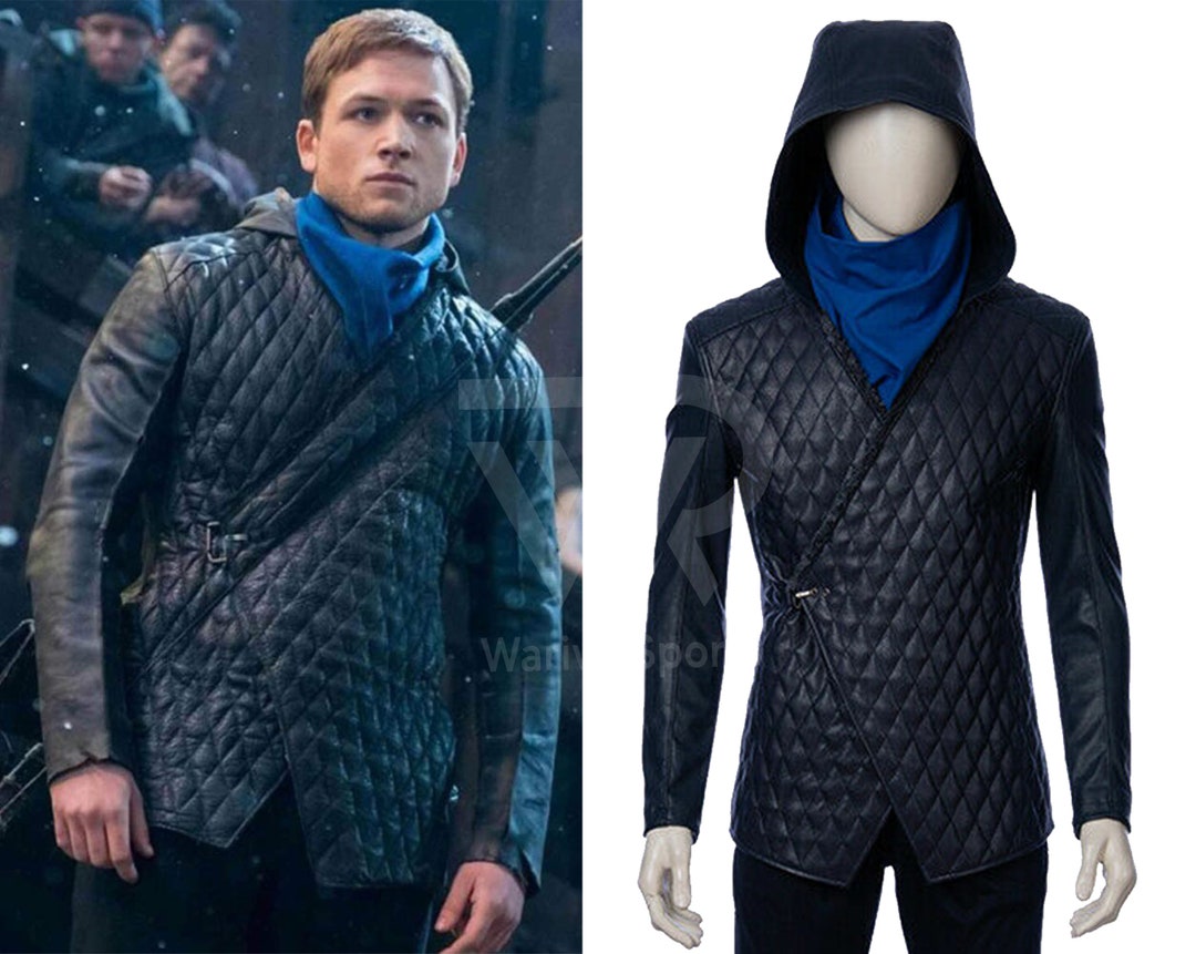 Robin Hood Jacket Taron Egerton Quilted Hoodie Black Leather Etsy