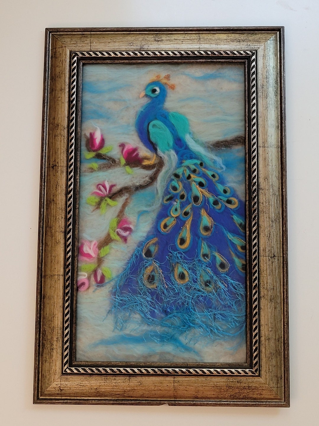Peacock and Magnolia Tree. Needle Felted Wool Art. Unique Textile Art ...