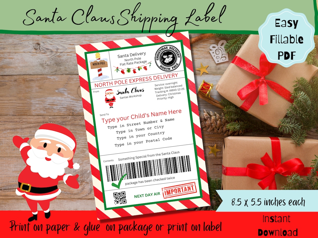 Santa Mail Shipping Labels North Pole Stickers Gift Tag Template, Mail ...