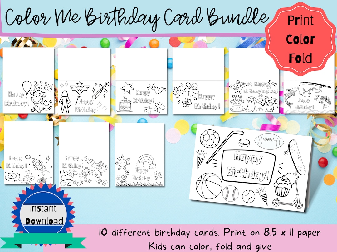 Printable Birthday Coloring Cards/ Kids Art Activity, Color Me Card ...