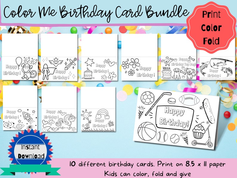 Printable Birthday Coloring Cards/ Kids Art Activity, Color Me Card ...
