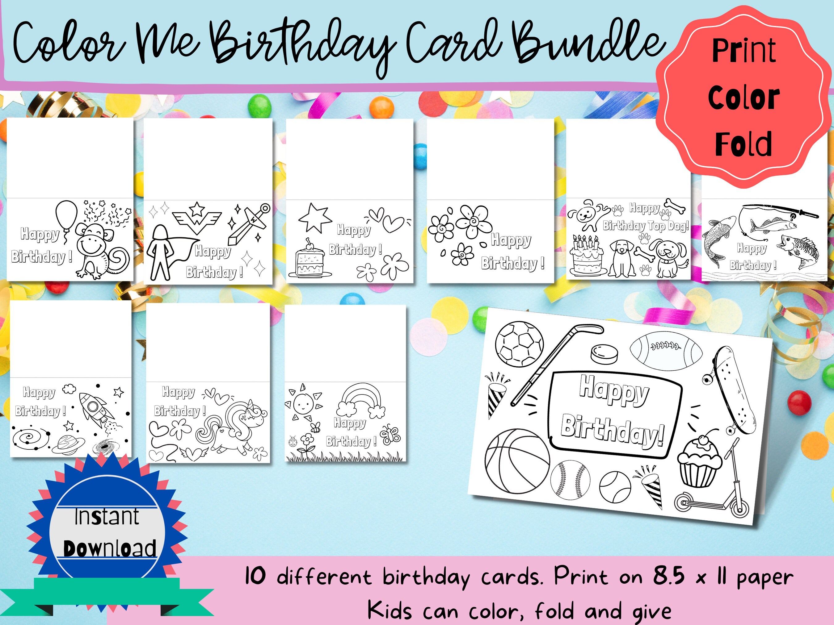 Printable Birthday Coloring Cards/ Kids Art Activity, Color Me Card ...