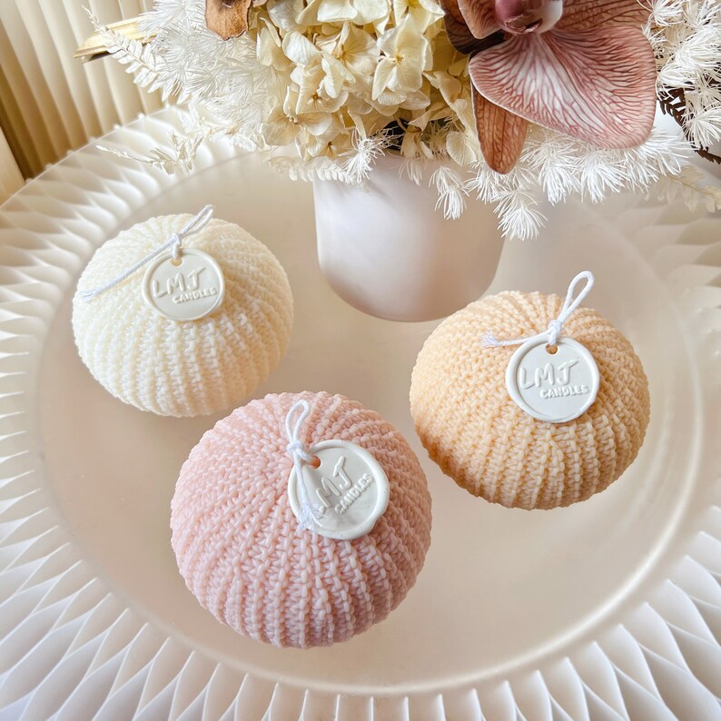 Knitted Yarn Ball Candle, Crochet Pattern Pillar Candle, Scented Soy ...