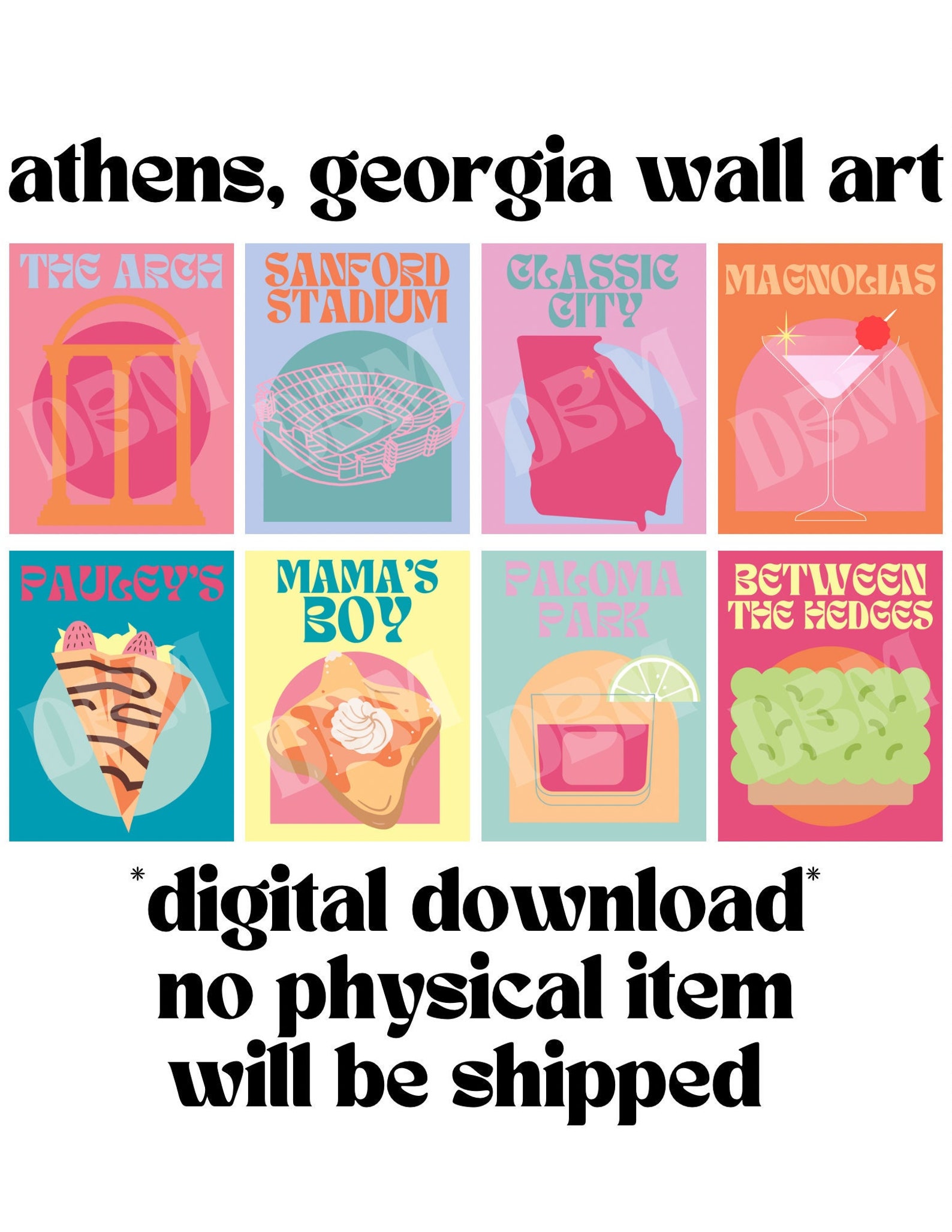 UGA Athens, Georgia Trendy Bright Wall Art Posters Set of 8 - Etsy
