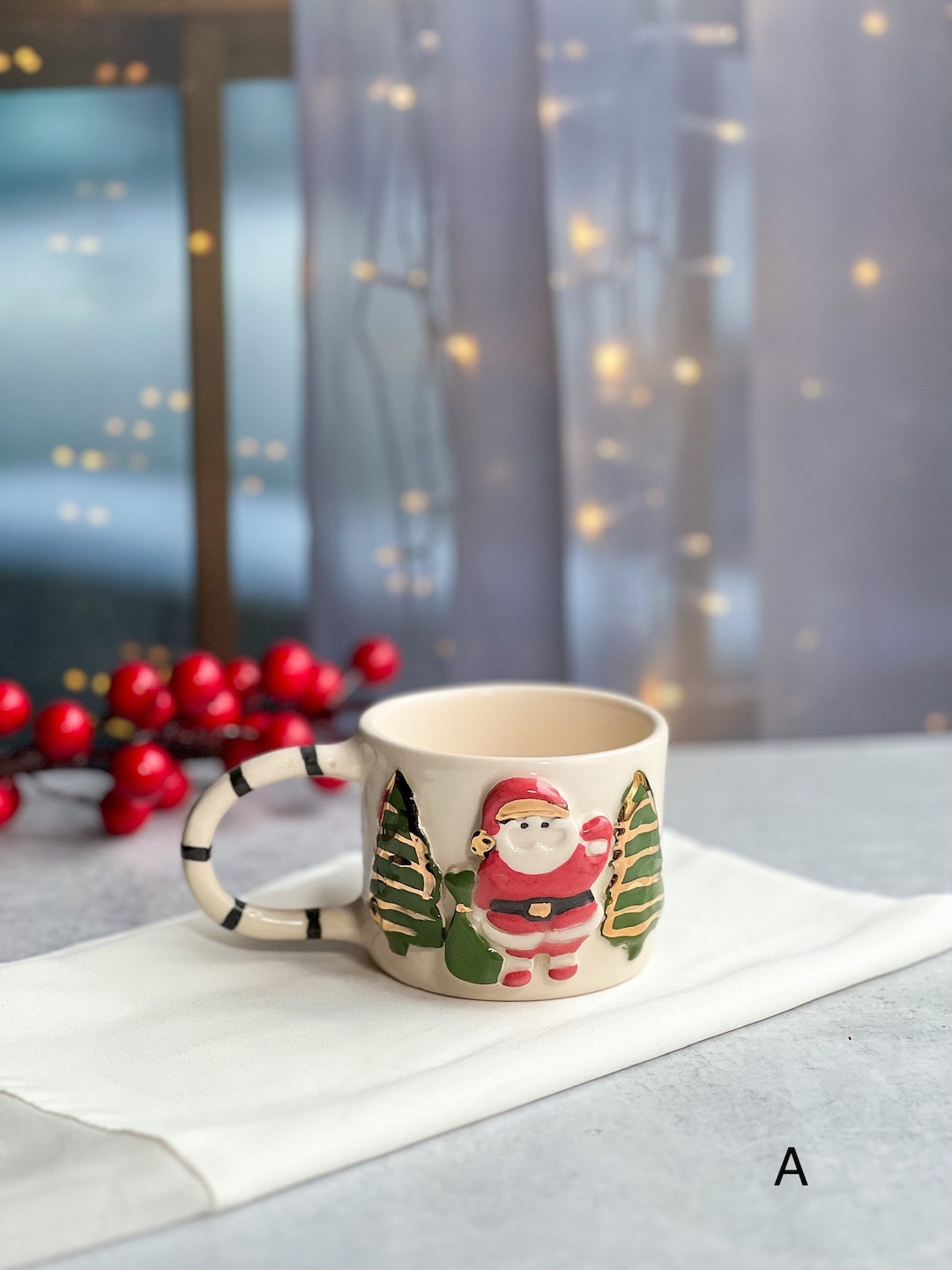 Christmas Santa Claus Mug- Ceramic Handmade Cup- 6 Oz With Handle- 24K ...