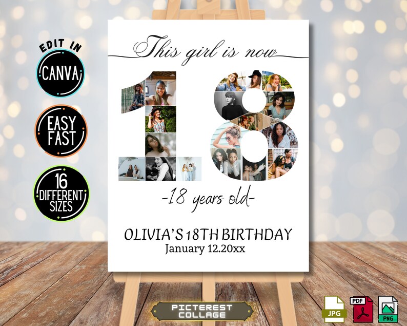 Editable 18th Number Birthday Photo Collage TEMPLATE, Custom Photo ...