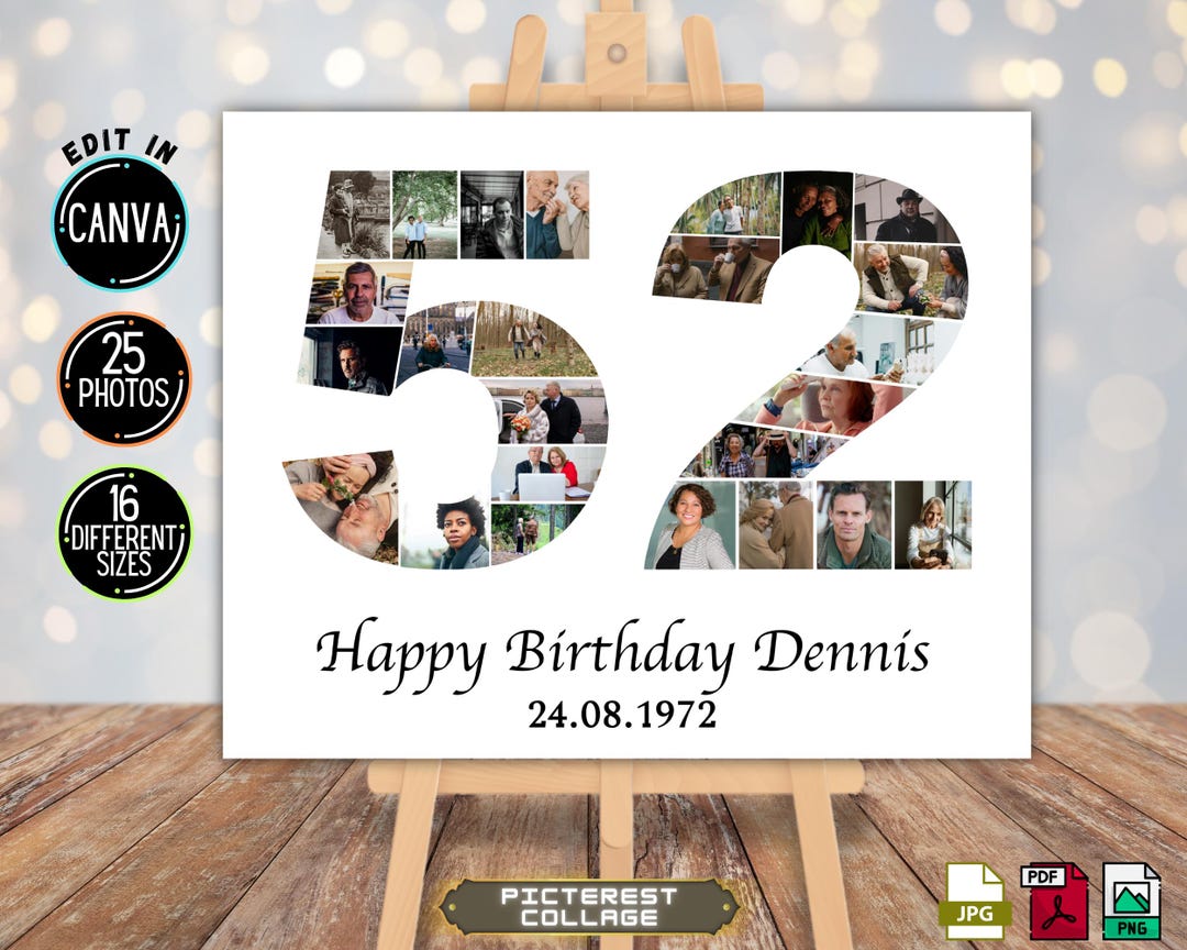 52nd Number Collage Birthday Poster - TEMPLATE Personalized Photo ...