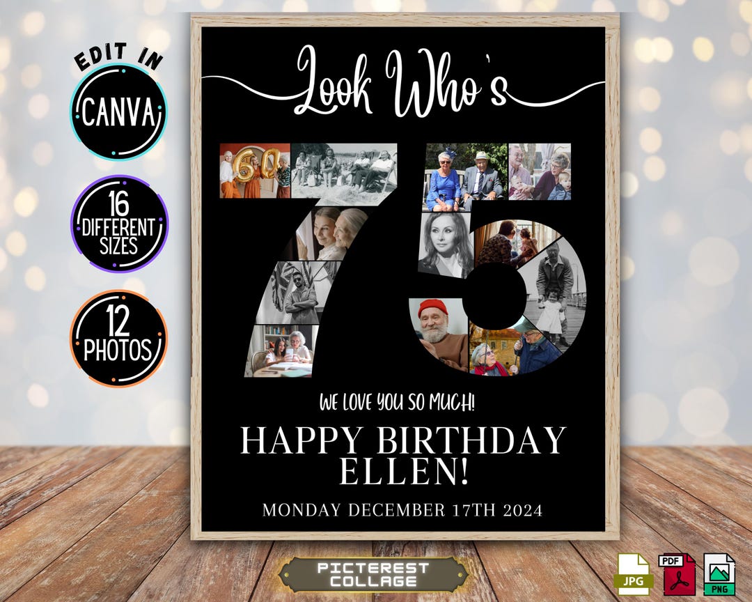 Editable Template 75th Number Birthday Photo Collage, Customizable ...