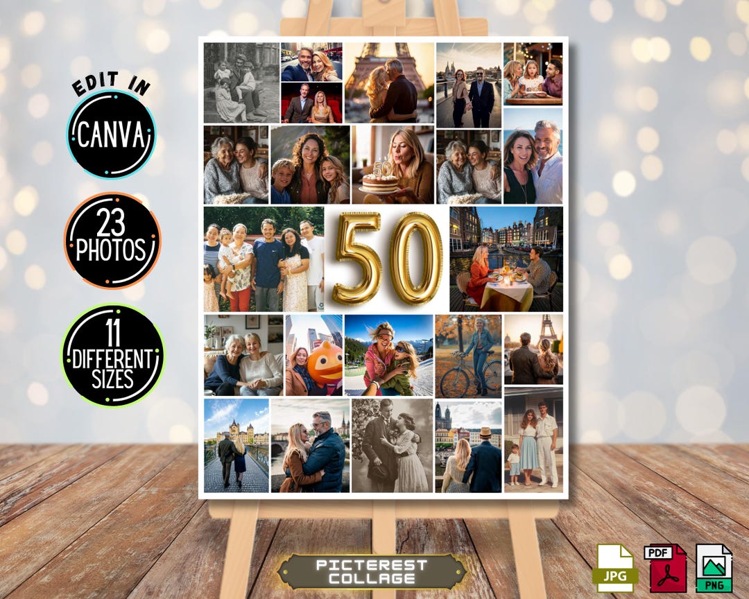Template 50th Birthday Photo Collage, Easel Memorial Poster, Celebrate ...