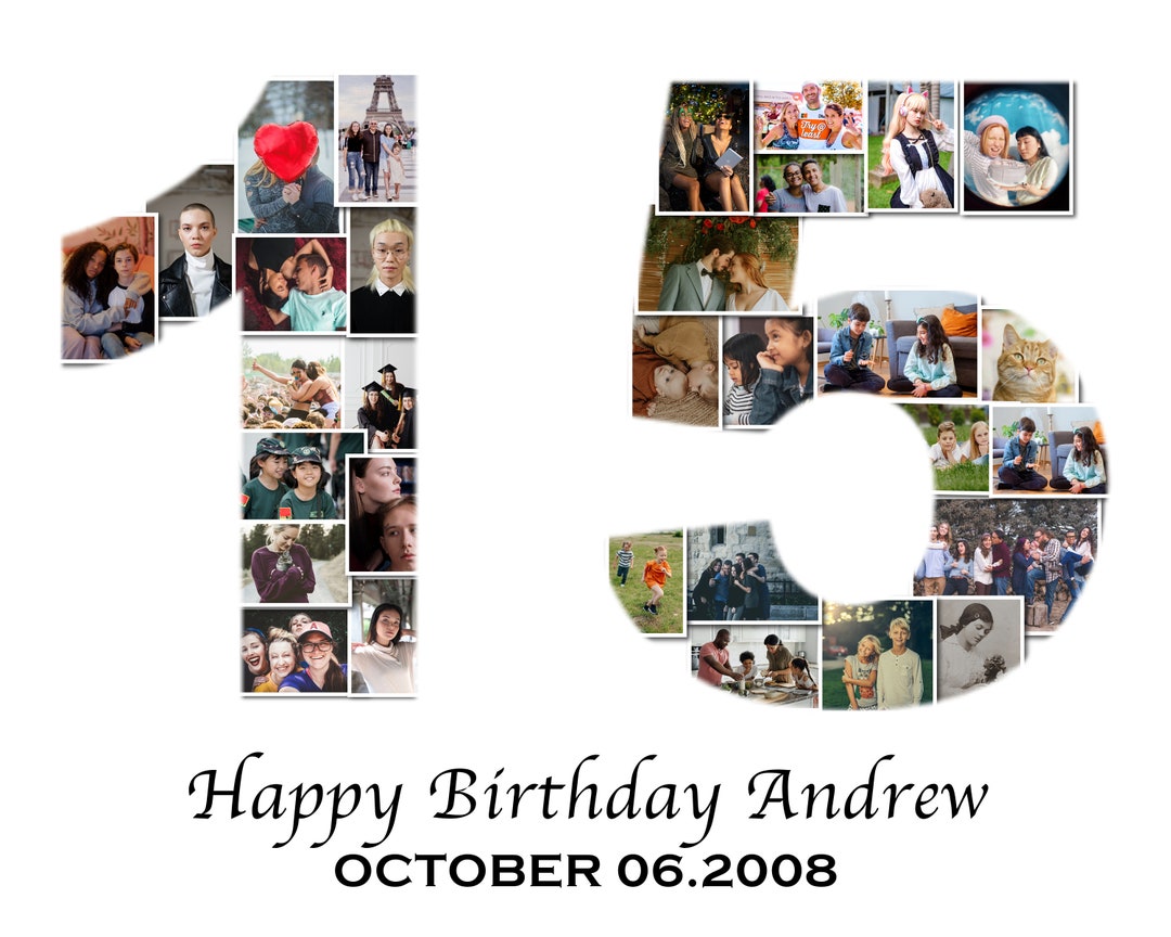 Custom 15th Birthday Photo Collage, Number Photo Collage, 15th Birthday ...