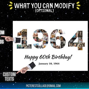 1964 Number Photo Collage, 60th Birthday Poster Template Personalized ...