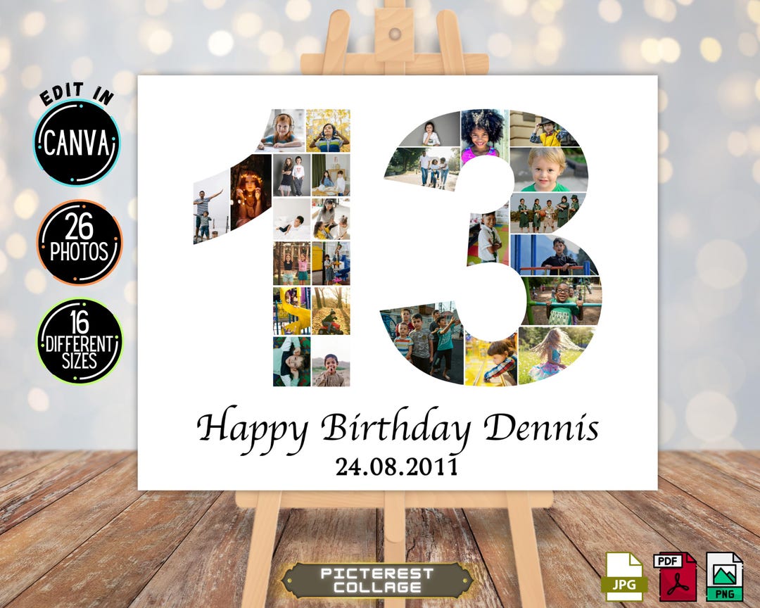 13th Birthday Photo Collage Template: Anniversary Number Design ...