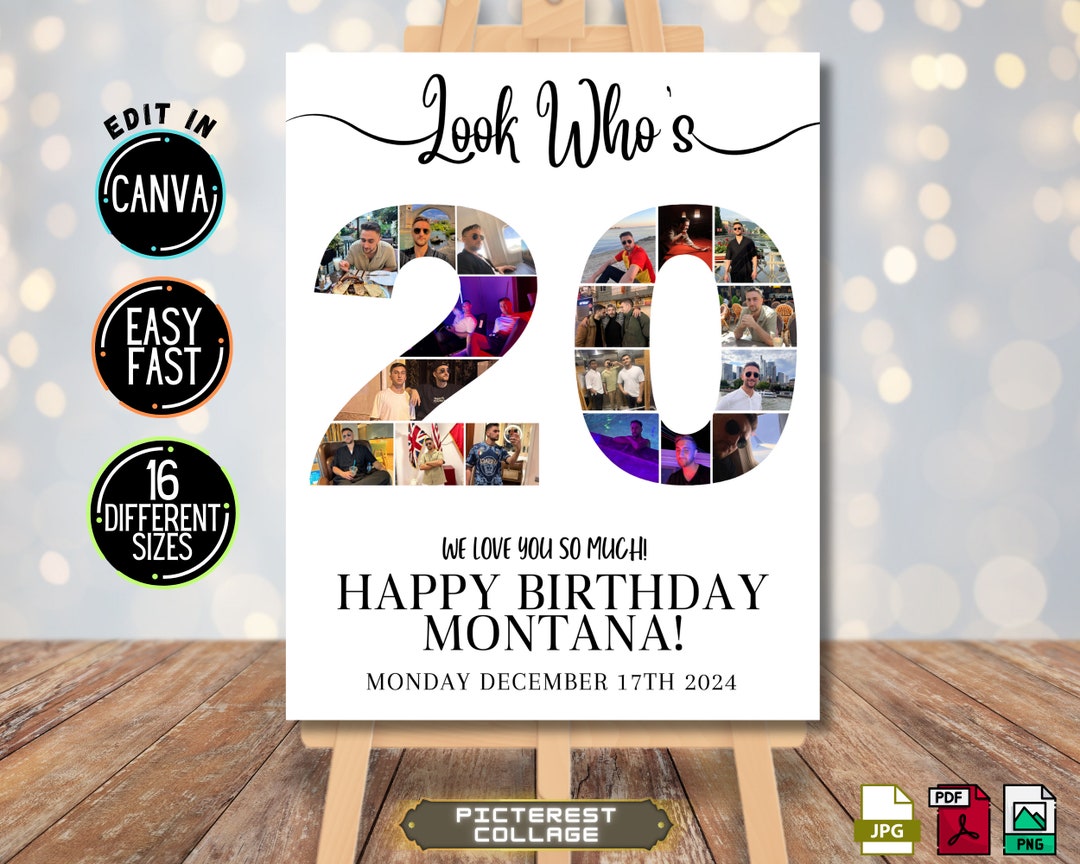 Editable Birthday 20th Number Photo Collage TEMPLATE, Custom Photo ...