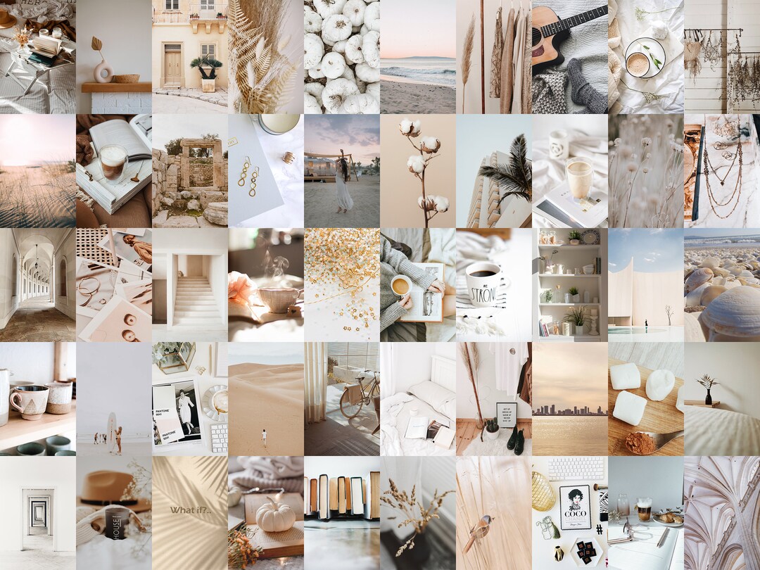 Wall Collage Kit Beige 50 Pcs Room Decor for Teens Girly Wall Art Neutral Aesthetic Photo Prints ...