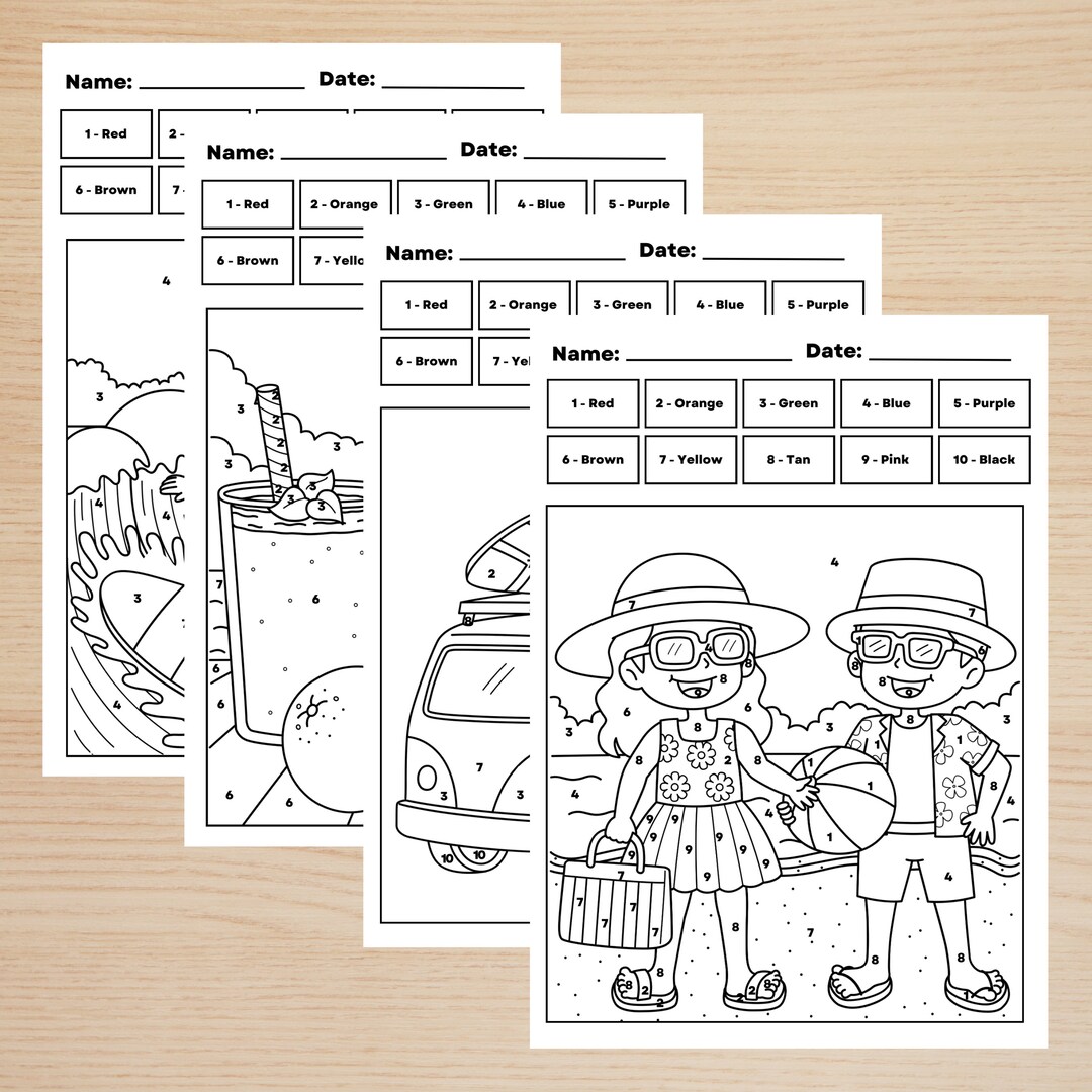 Summer Kids Elementary Color by Number Coloring Pages (set of 4) - Etsy