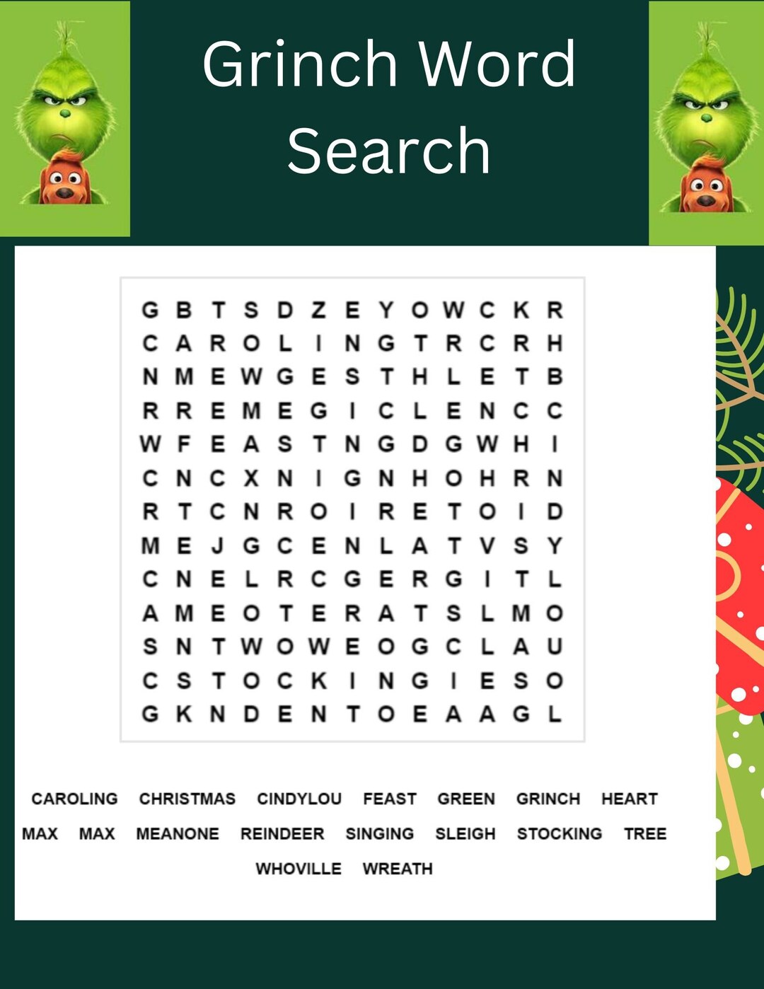 INSTANT DOWNLOAD Printable Grinch Word Search / Christmas - Etsy