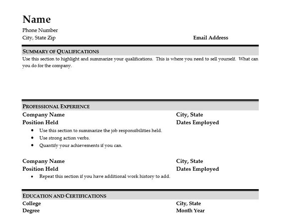 Printable Resume Template - Etsy