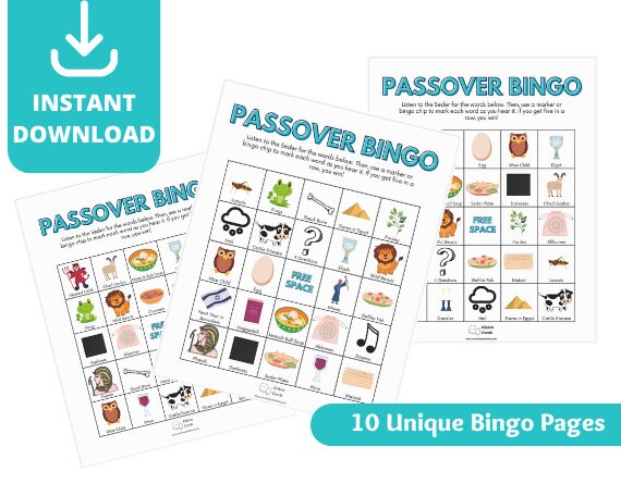 10 Printable Passover Bingo Cards | Children's Passover Activity Kit ...